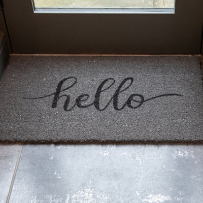 Printed Natural Coir Door Mat Grey & Black Decorative Hello Heavy Duty ...
