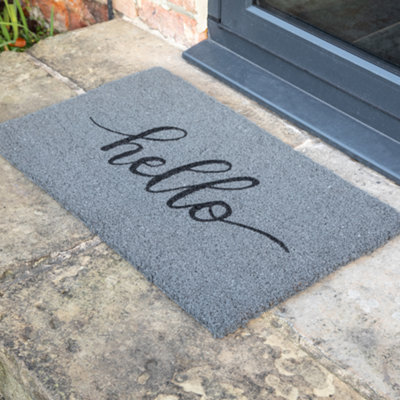 Printed Natural Coir Door Mat Grey & Black Decorative Hello Heavy Duty ...