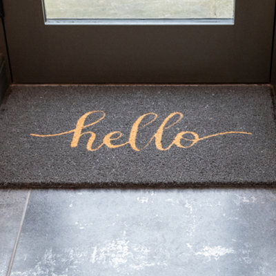 Printed Natural Coir Novelty Door Mat Grey Hello Decorative Heavy Duty ...
