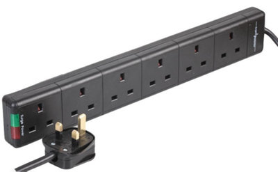 PRO ELEC - 6-Gang Surge Protected Extension Lead, Black, 2m Lead