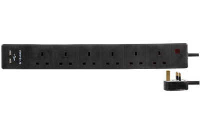 PRO ELEC - 6 Way 2 USB Extension Lead, 1m, Black