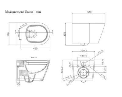 Probaty Bathrooms Rimless Round Wall Hung Toilet Soft Close Seat 0.82M ...