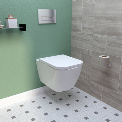 Probaty Bathrooms Rimless Wall Hung Toilet Square UF Soft Close Seat ...