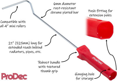 ProDec Long Extended Painters Stick Mini Paint 4" Roller Frame Radiator ...