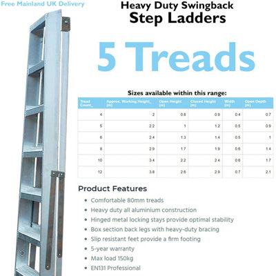 Professional 1m Aluminium Swingback Step Ladder - 5 Tread Lightweight ...