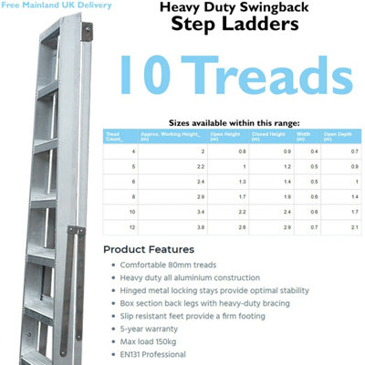 Professional 2.2m Aluminium Swingback Step Ladder with 10 Treads