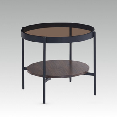 PS Global round 50cm smoked glass walnut finish Coffee table