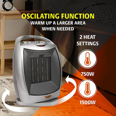 PTC Ceramic Heater Pack of 2 with Oscillating Fan, Thermostat & 750W ...