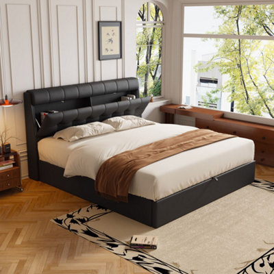 PU Material Upholstered Double Bed Frame with Concealed Headboard and ...