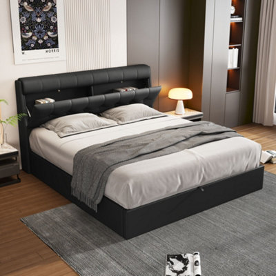 PU Material Upholstered Double Bed Frame with Concealed Headboard and ...