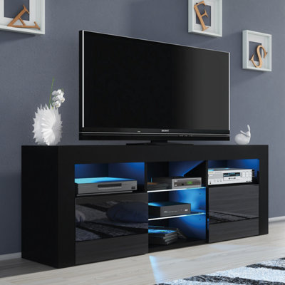 Pulse TV Unit 145cm Black High Gloss Doors with LED Lighting - Creative ...
