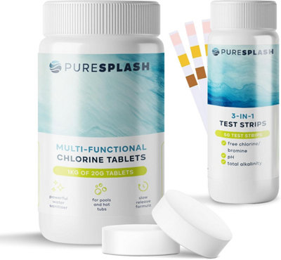 PURE SPLASH 1kg Chlorine Tablets with Water Test Strips 4 in 1 ...