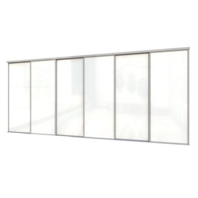 Pure White Glass 6-Door Sliding Wardrobe Door Kit, Silver Frame ...