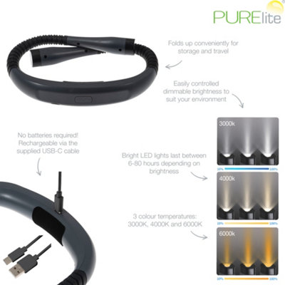PURElite Rechargeable Neck Light - Flexible LED Book Light, Adjustable ...