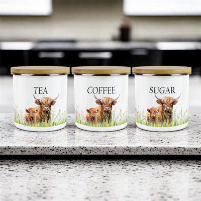 Purely Home - Highland Cow Mum & Calf - Tea, Coffee & Sugar Canisters ...