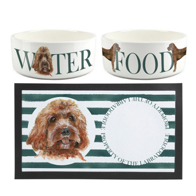 Purely Home Labradoodle Pet Mat, Food & Water Bowl Set