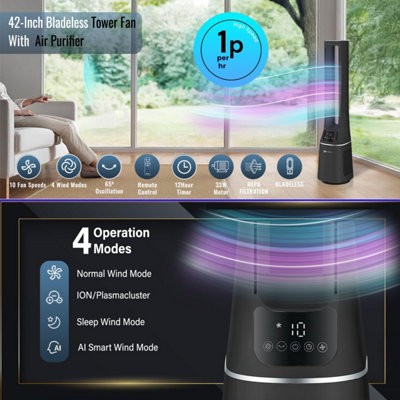 PureMate 42-Inch Bladeless Tower Fan with Air Purifier - Black