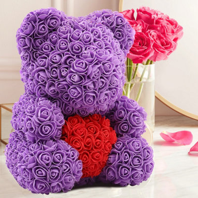Purple and Red Artificial Rose Teddy Bear with Gift Box for Festivals