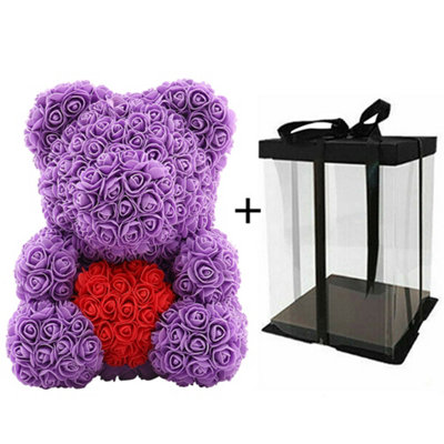 Purple and Red Artificial Rose Teddy Bear with Gift Box for Festivals