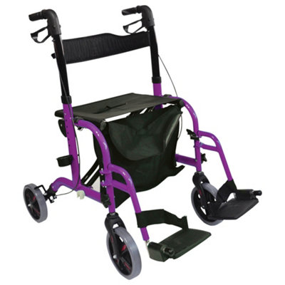 Purple Deluxe Aluminium Rollator and Transit Chair 2-in-1 Dual Function ...