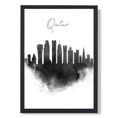 Qatar Watercolour Skyline City Framed Print SIZE: A3 with Black Frame