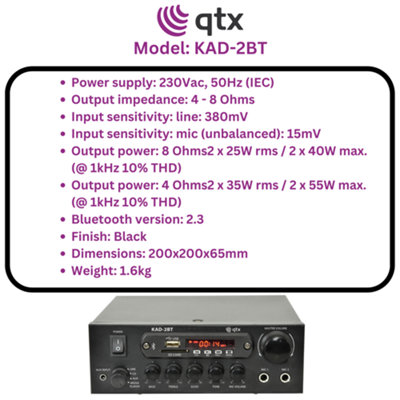 qtx KAD-2BT Digital Stereo Amplifier with Bluetooth & Built-in Media Player