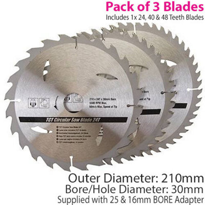 QTY 3 TCT Circular Saw Blades 210mm x 30mm 25mm 16mm Fitting Rings