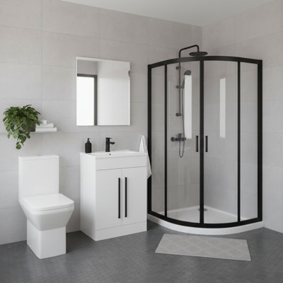 Quadrant Shower Enclosure Suite Matt Black 800mm with 600mm Vanity Unit ...