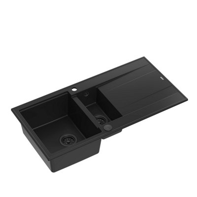 Quadron Evan 156 Pure Black GraniteQ kitchen sink, with black waste and ...