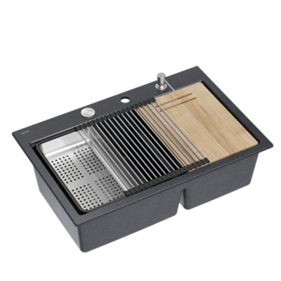 Quadron Marc 120 Kitchen Double-bowl Workstation Sink, Black GraniteQ ...