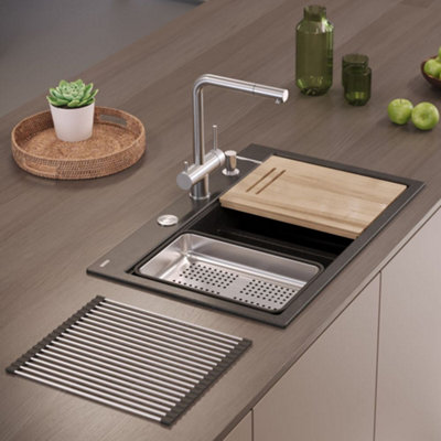 Quadron Marc 120 Kitchen Double-bowl Workstation Sink, Black GraniteQ ...