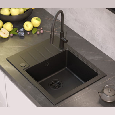 Quadron Peter 116 Pure Black GraniteQ Kitchen Sink with Small Drainer ...