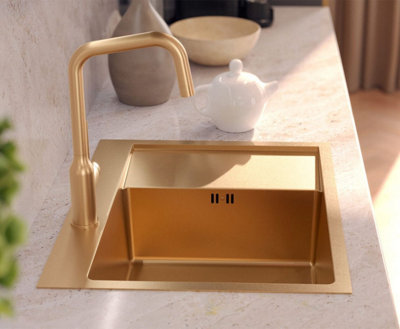 QUADRON RUSSEL 116 PVD GOLD KITCHEN SINK, INSET WITH SMALL DRAINER