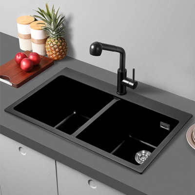 Quartz Undermount Kitchen Sink Double Bowl Black 835x490mm | DIY at B&Q
