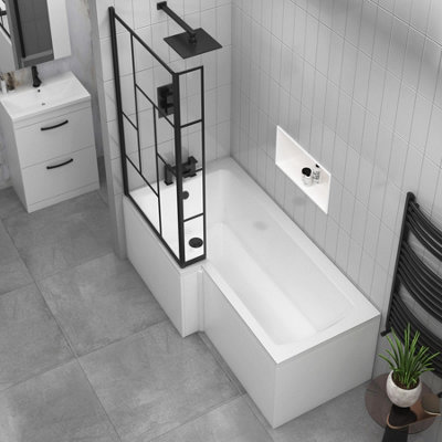 Qubix 1600 x 850mm Acrylic Left Hand L-Shaped Shower White Bathtub with ...