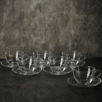 Queensway Home & Dining 7cm Height Clear Glass Cups & Saucers Tea ...