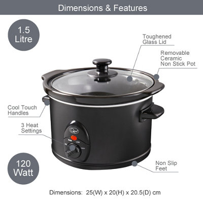 Quest 1.5 Litre Slow Cooker - Black - 3 Temperature Settings - Glass ...