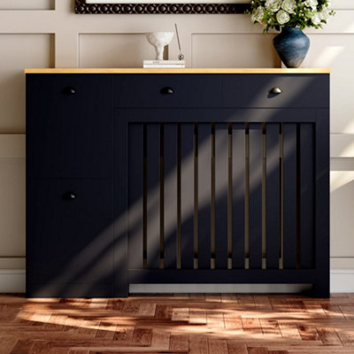Radiator Cover Black Modern Vertical Slat Storage Drawers Cabinet MDF ...