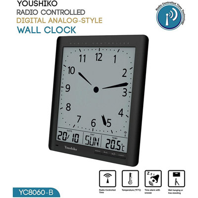 Radio Control Large LCD Digital Analog Style Wall Clock ( Black )