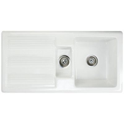 RAK Ceramics 1010 x 510mm 1.5-Bowl Fireclay Inset Kitchen Sink, Gloss ...