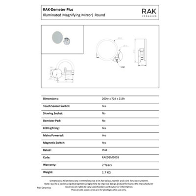 RAK Demeter 277x210mm Chrome Round Magnetic Switch Illuminated Mirror IP44