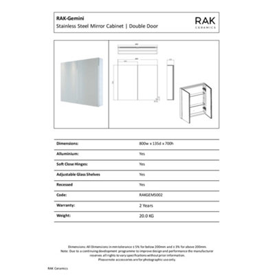 RAK Gemini 800x700mm Silvery White Square Illuminated Mirror Cabinet
