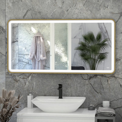 RAK Picture Soft 1200x600mm Brushed Gold Rectangular Illuminated Bathroom Mirror with Touch ...