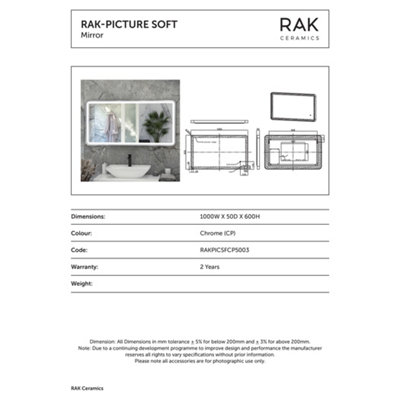 RAK Picture Soft 600x1000 Chrome Square with Touch Sensor Illuminated ...