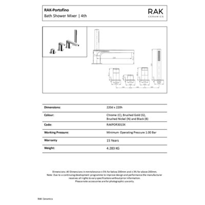 RAK Portofino 4 Hole Brushed Nickel Modern Bath Shower Mixer Tap Solid ...