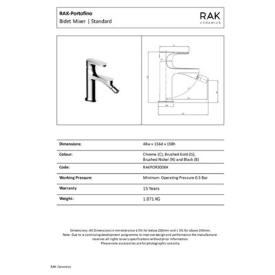 RAK Portofino Modern Bidet Mixer Tap, Brushed Gold Finish, Solid Brass ...