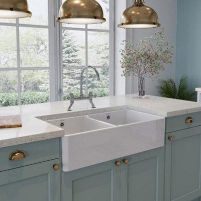 Rangemaster 900mm Farmhouse 2-Bowl Ceramic Belfast Sink - White Gloss ...