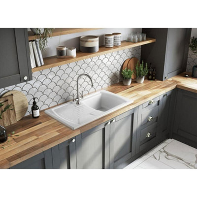 Rangemaster Tenby 1-Bowl 850 x 500mm White Gloss Ceramic Kitchen Sink ...