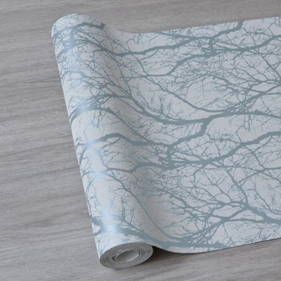 Rasch Forest Glimmer Silver Wallpaper Textured Modern Blown Vinyl Paste ...