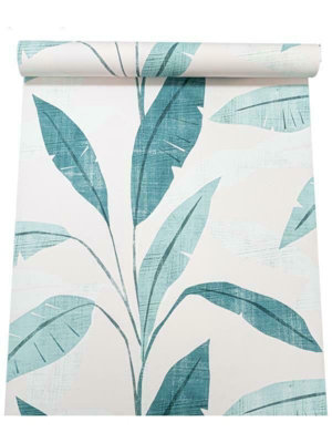 Rasch White Green Teal Tropical Palm Leaves Non Woven Textured ...